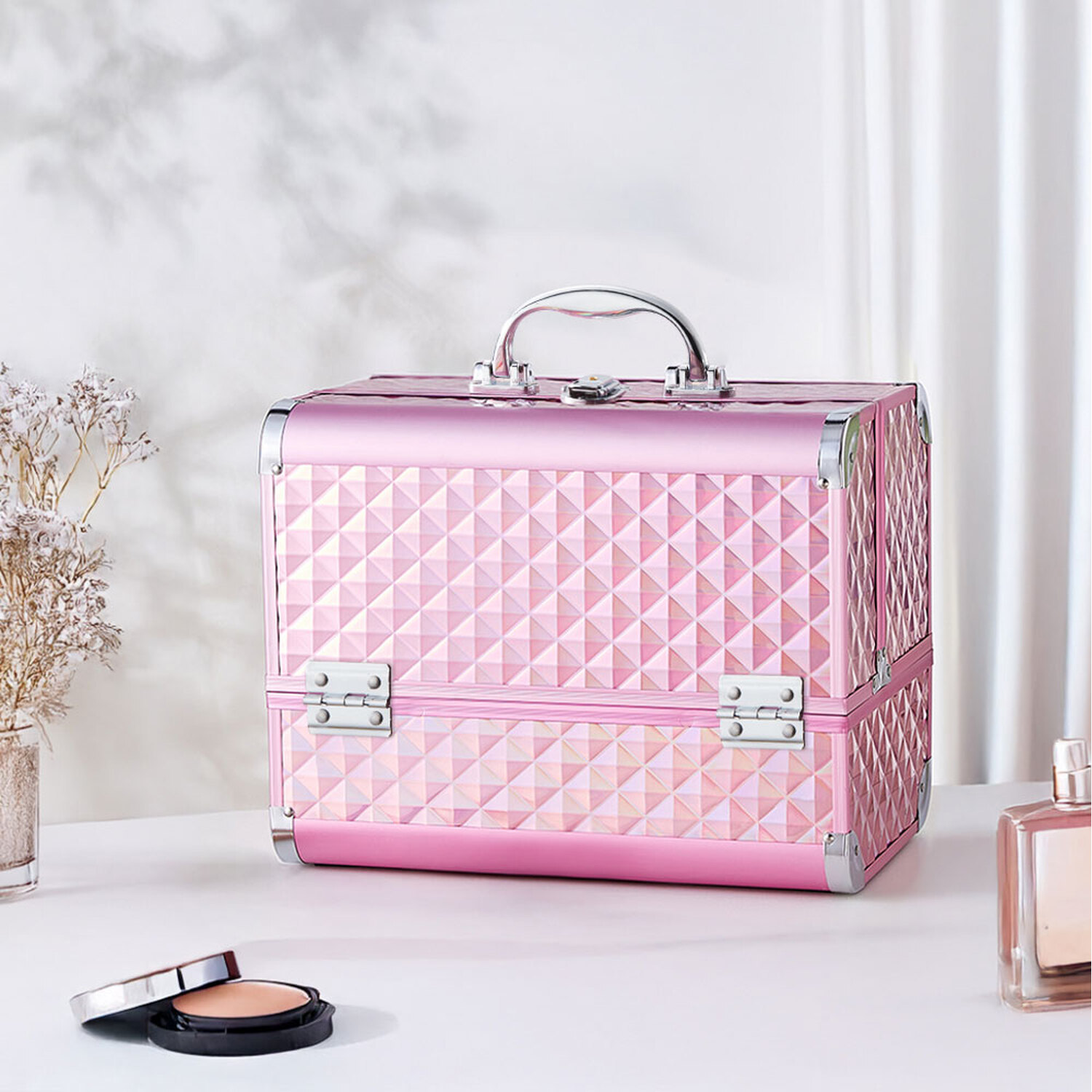 2 Trays Pink Professional Makeup Box Storage Organizer with Mirror