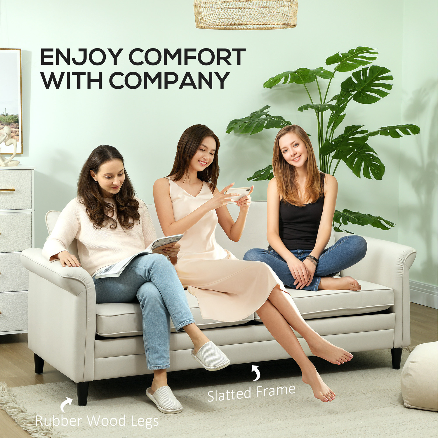 HOMCOM 3 Seater Sofa with Spring Cushion Rubber Wood