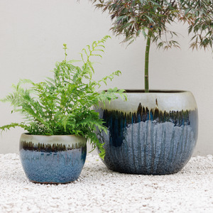 Glazed Round Outdoor Clay Planter in Two Tone Blue and Gold