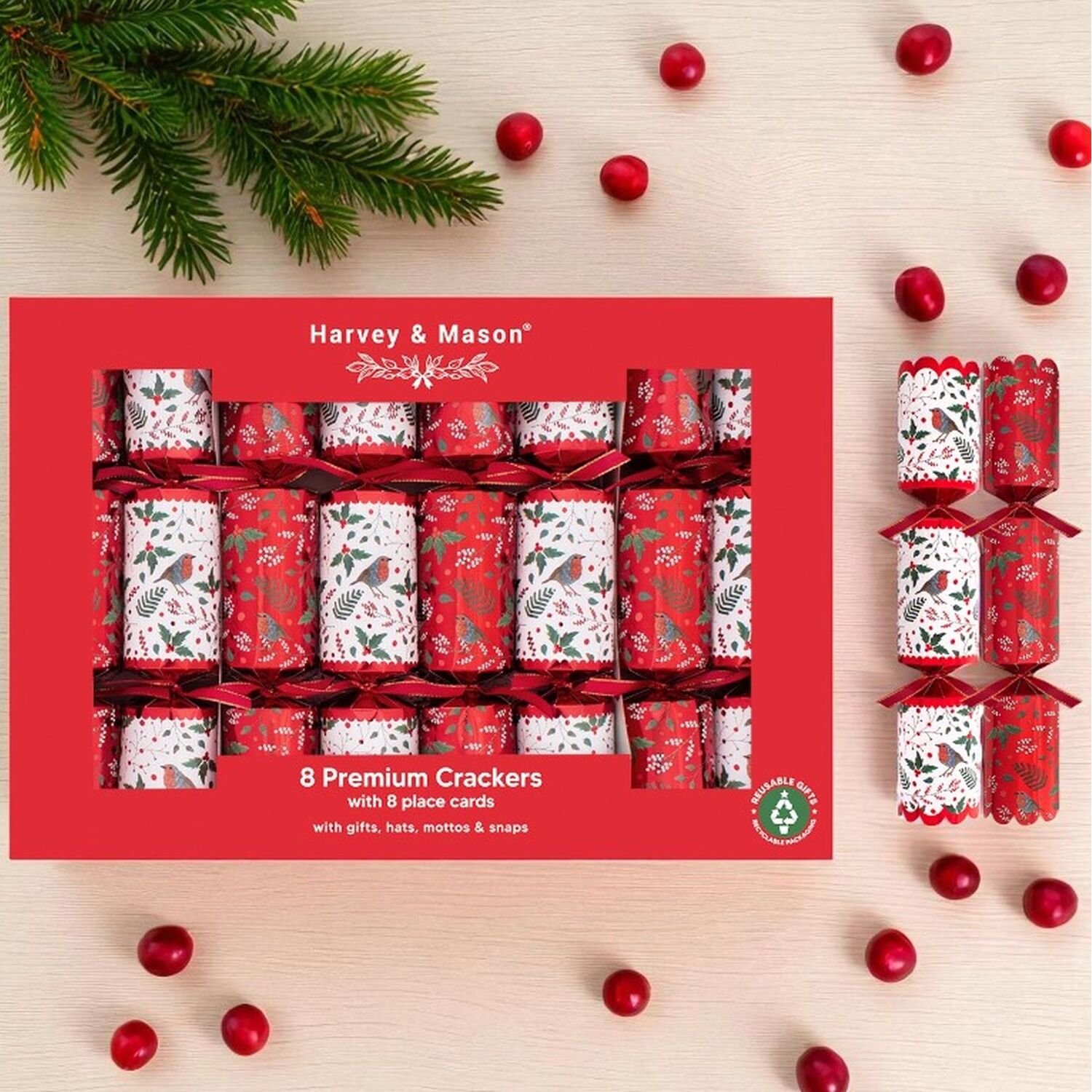 8 Premium Robin Christmas Dinner Crackers Red White Robin 12.5 Inch