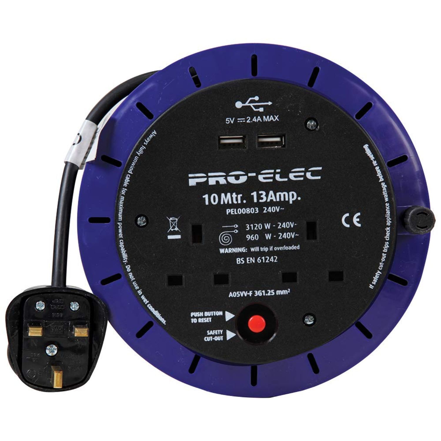 2 Gang Extension Reel 10M 2 USB Ports 13A