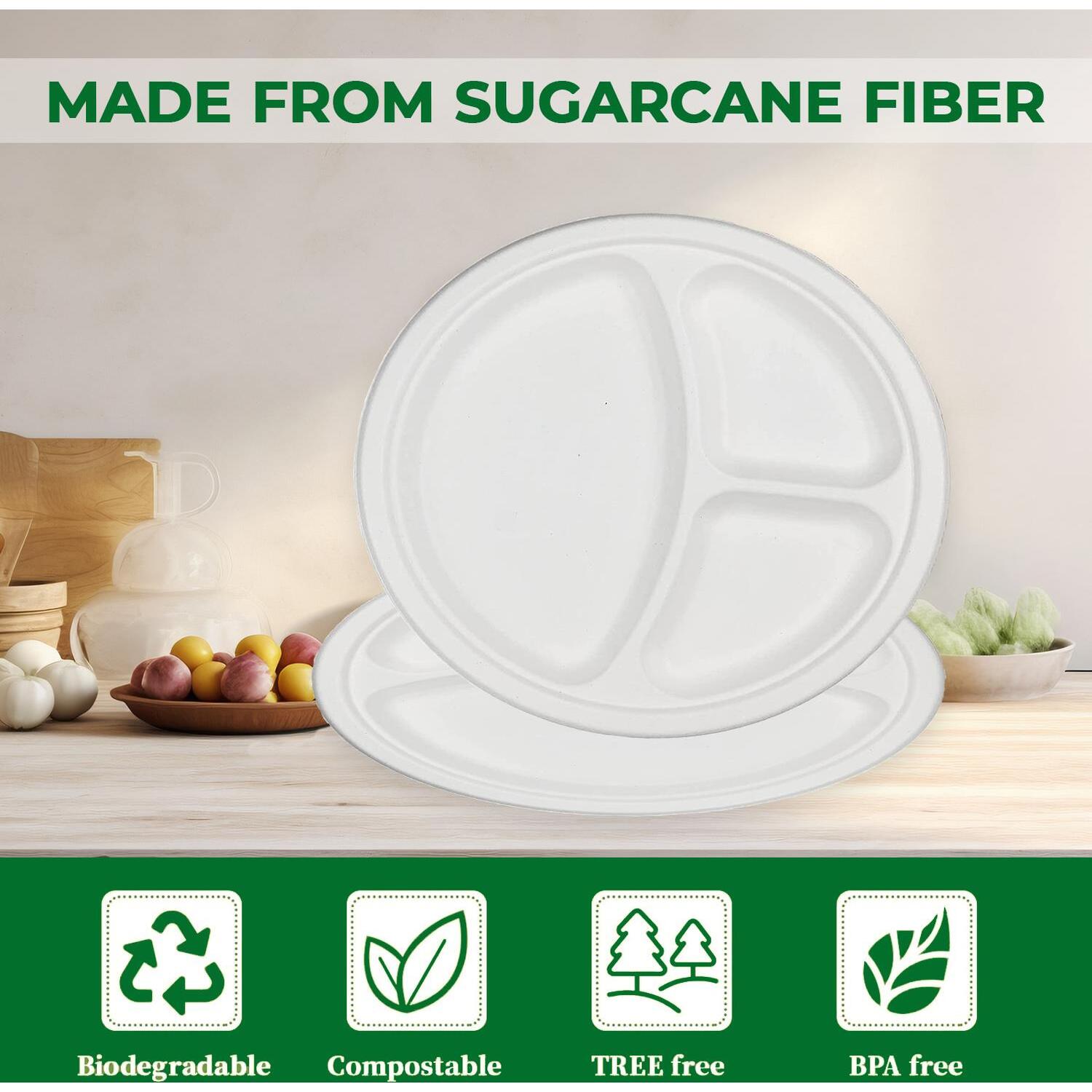 3 Compartment Bagasse Plates 10 Inch Disposable Plates