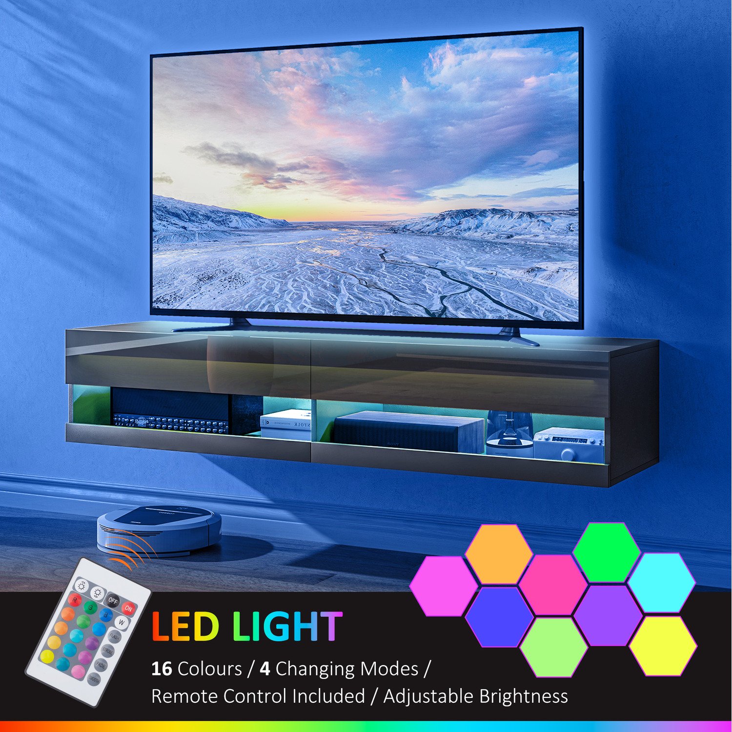 HOMCOM Floating TV Unit Cabinet with High Gloss Effect and LED Lights