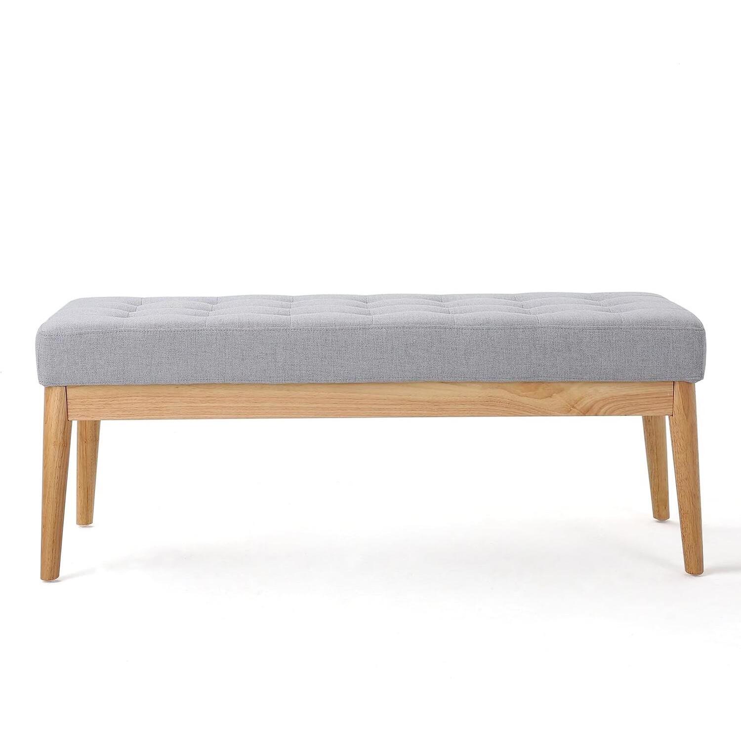 Upholstered Light Grey Bench Seat Padded Buttoned Oak Frame