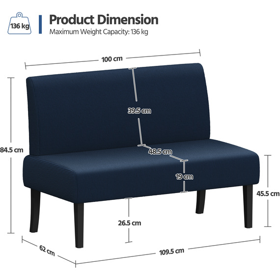 Small Armless Sofa with Solid Wood Legs