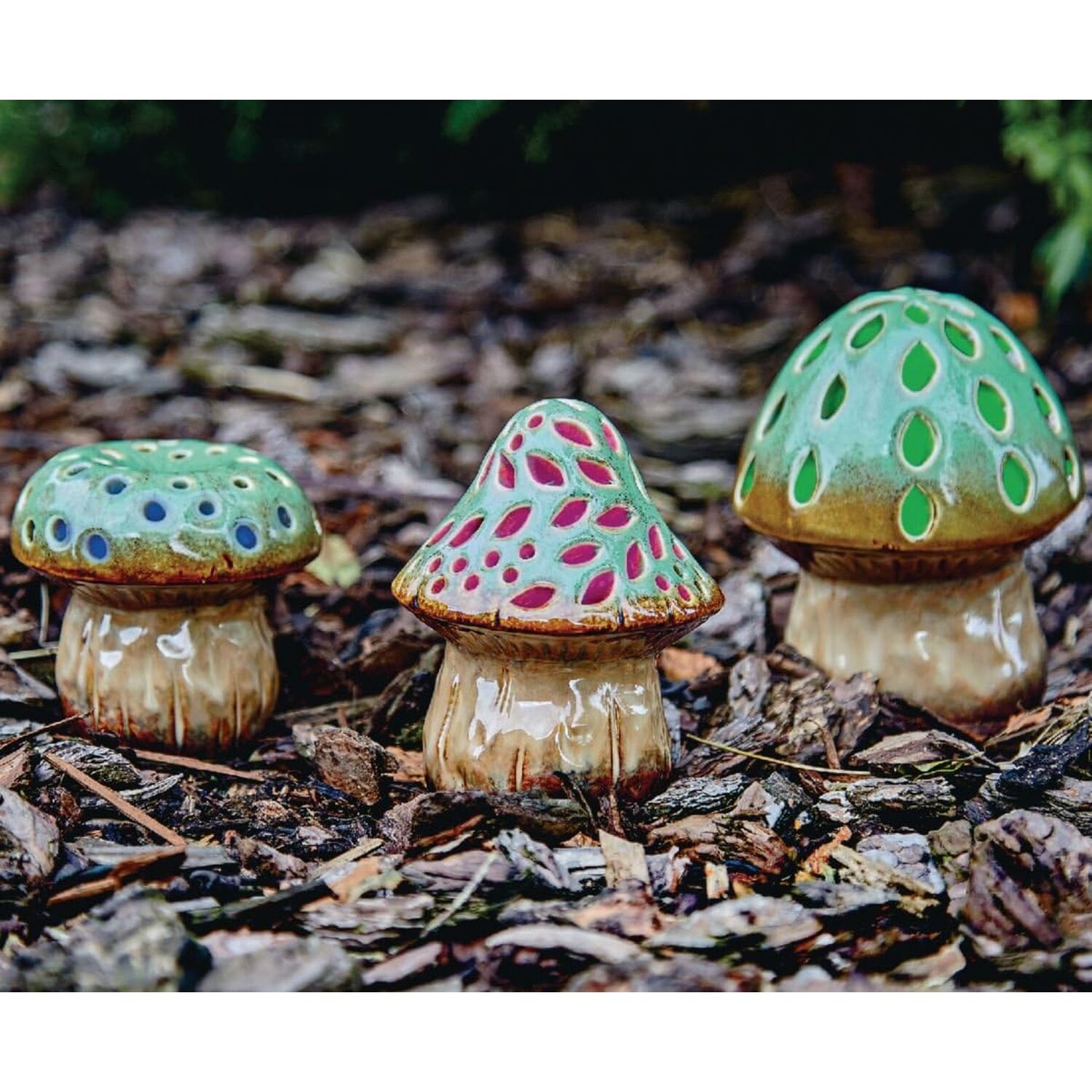 Set of 3 Glazed Ceramic Light Up Toadstool Garden Ornaments