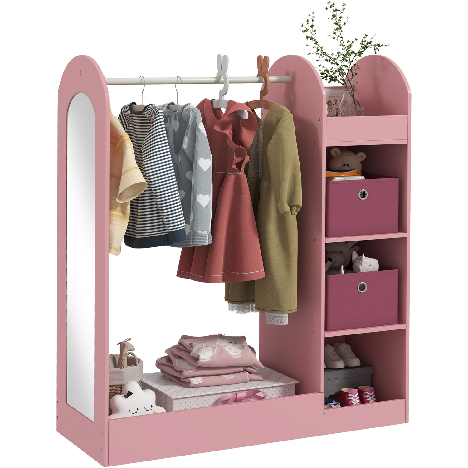 AIYAPLAY Kids Cloth Rail with Storage Shelf, Boxes, Mirror