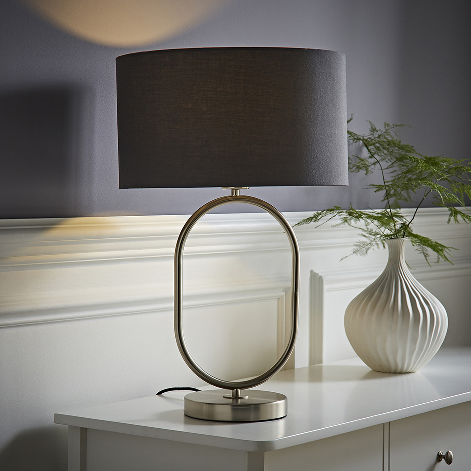 Antonia Brushed Chrome Oval Table Lamp with Drum Shade