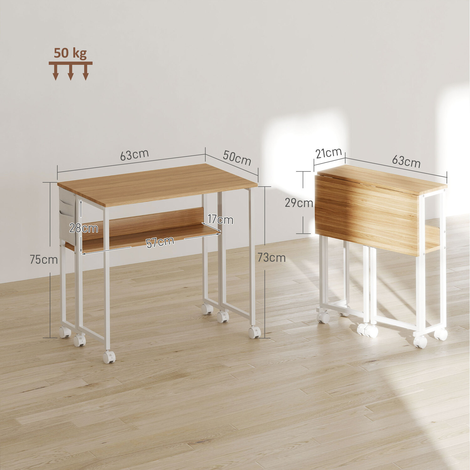 HOMCOM Folding Desk with Open Shelf Storage Bag on Wheels