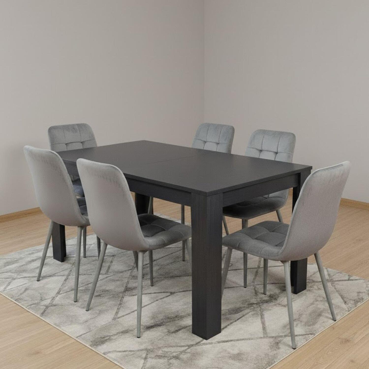 Arrow Charcoal Dining Table Set With 6 Grey Velvet Dining Chairs