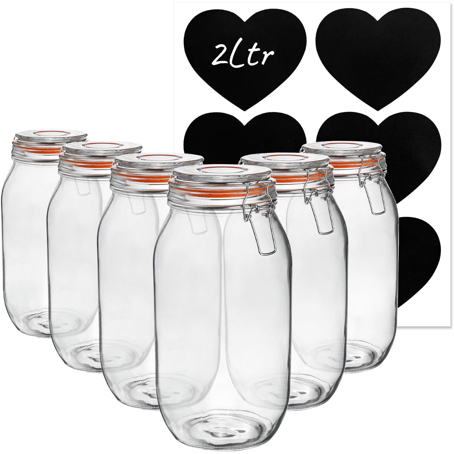 2 Litre Glass Storage Jars with Heart Labels Pack of 6