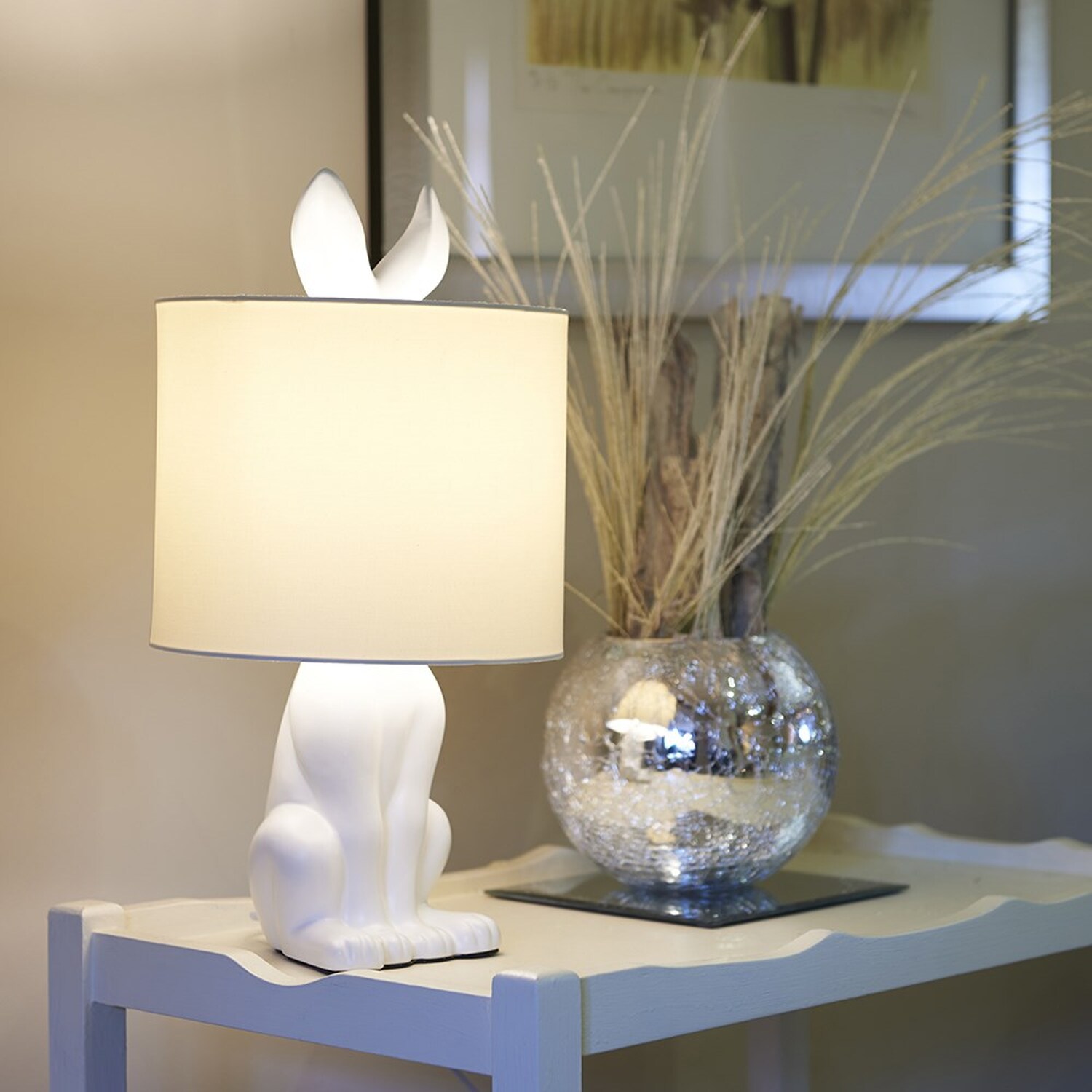 Modern Chrome Ceramic Rabbit Hare Animal Table Lamp With Grey Shade