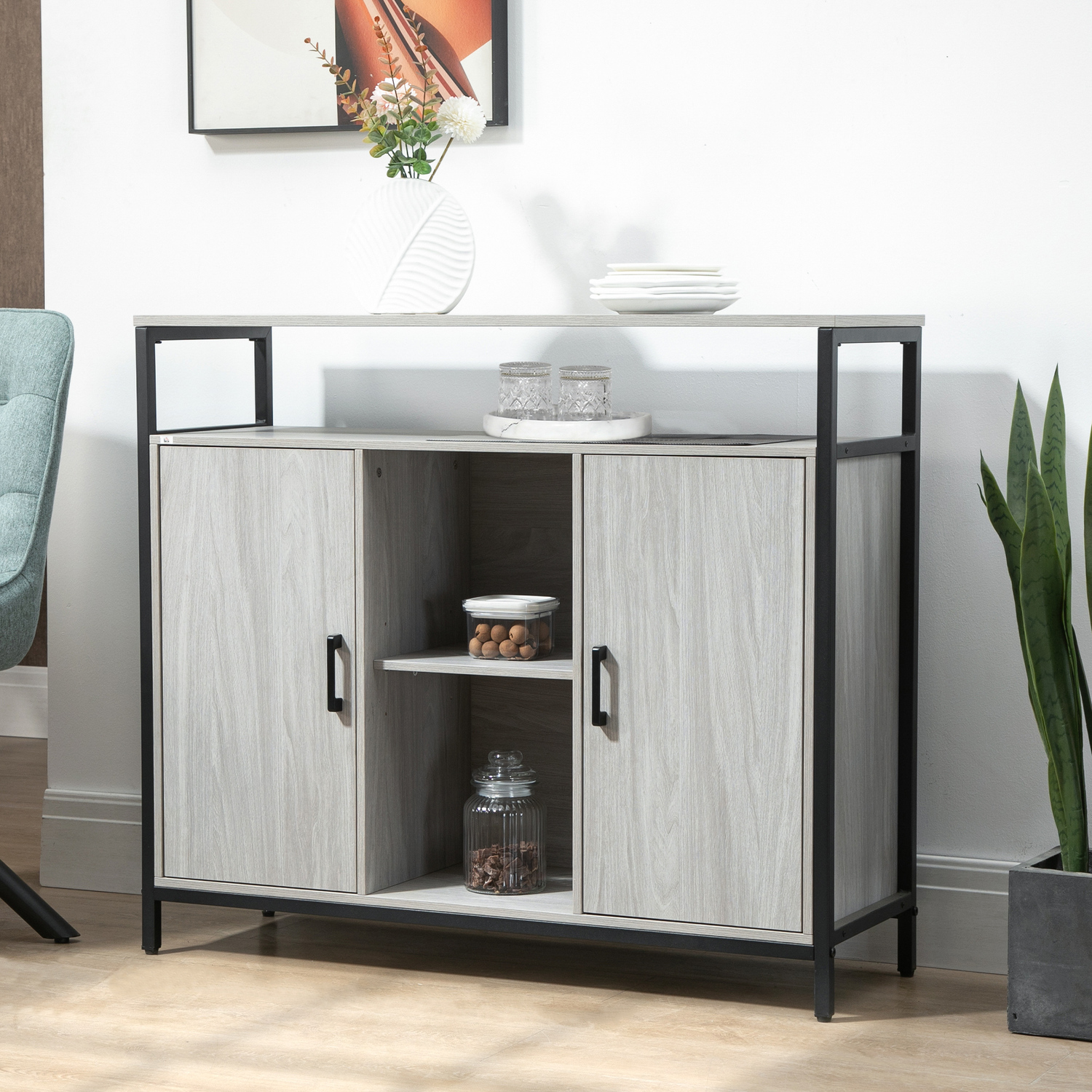 HOMCOM Modern Sideboard, Steel Frame Storage Cabinet with 2 Doors