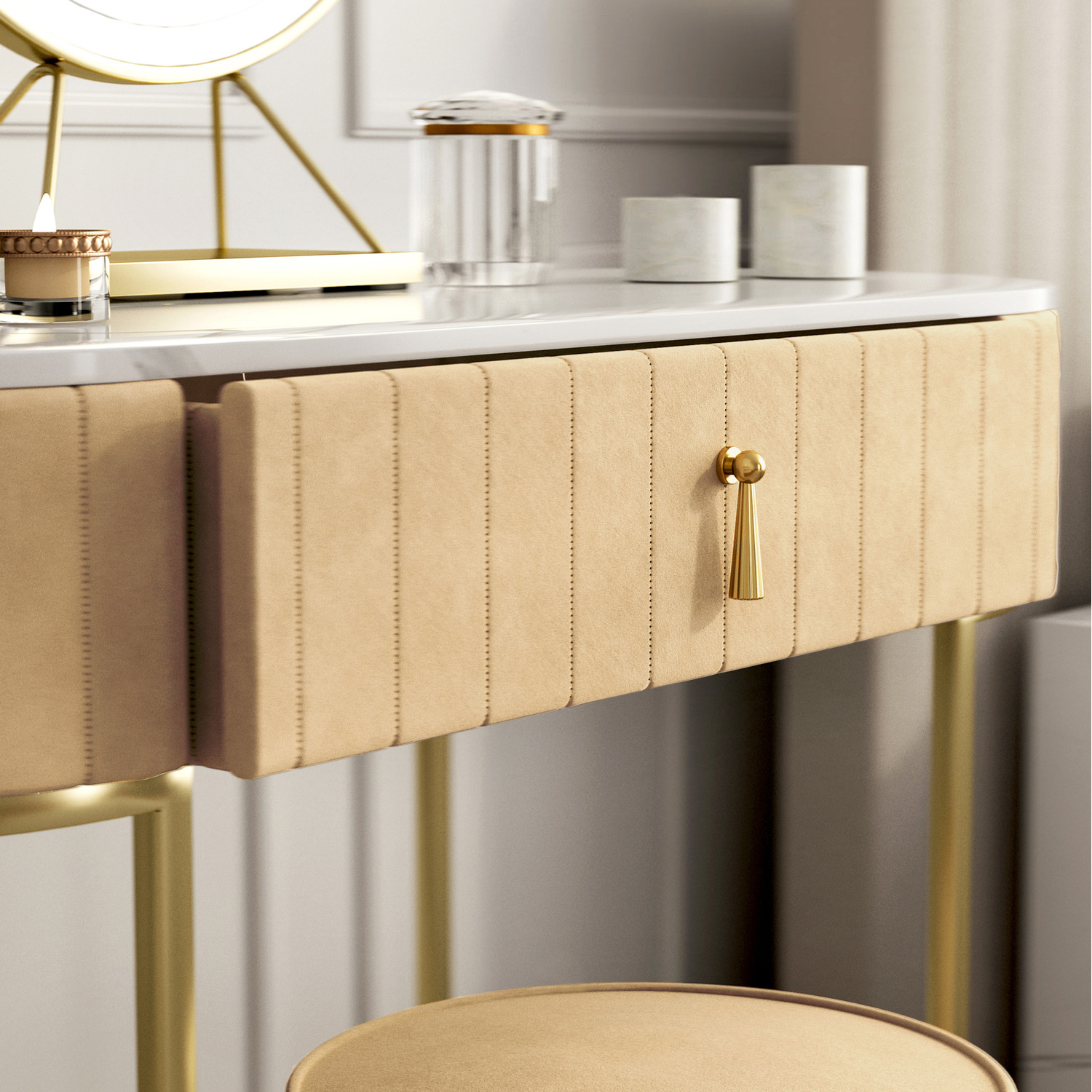Miami Deco Cream Velvet Dressing Table with LED Touch Mirror
