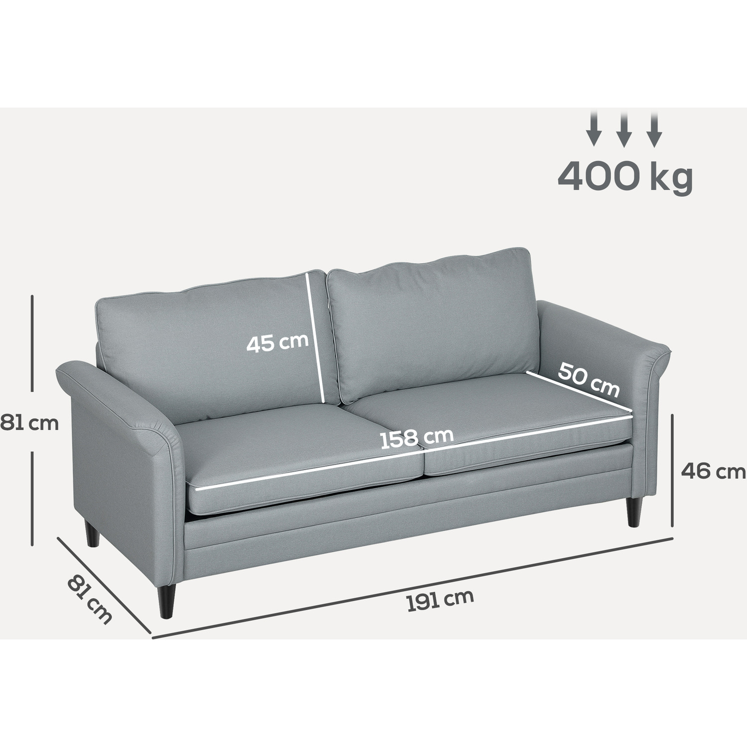 HOMCOM 3 Seater Sofa with Spring Cushion Rubber Wood