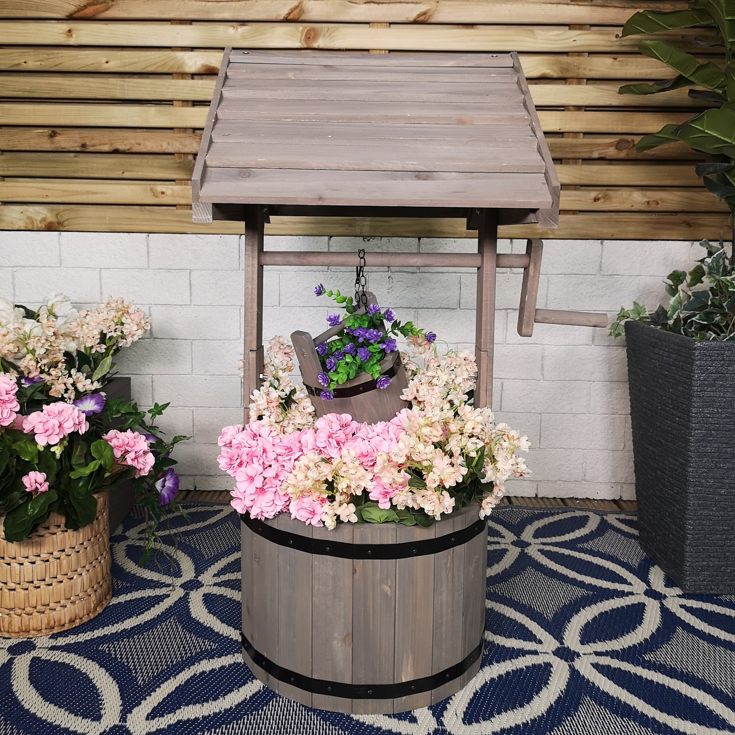 Wooden Wishing Well Garden Patio Planter Decoration