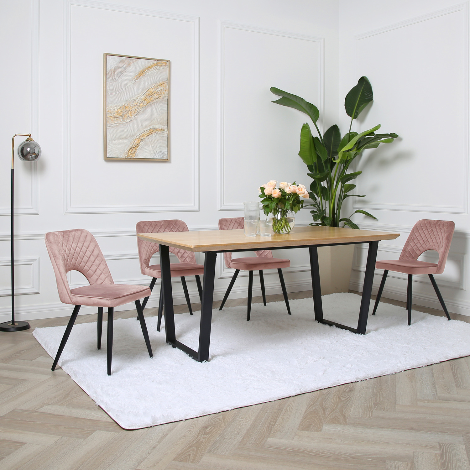 Oak Dining Table Set with 4 Metis Velvet Chairs