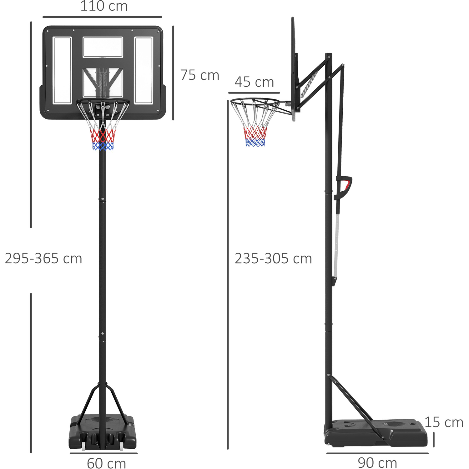 2.35-3.05M Basketball Hoop and Stand, Portable with Wheels