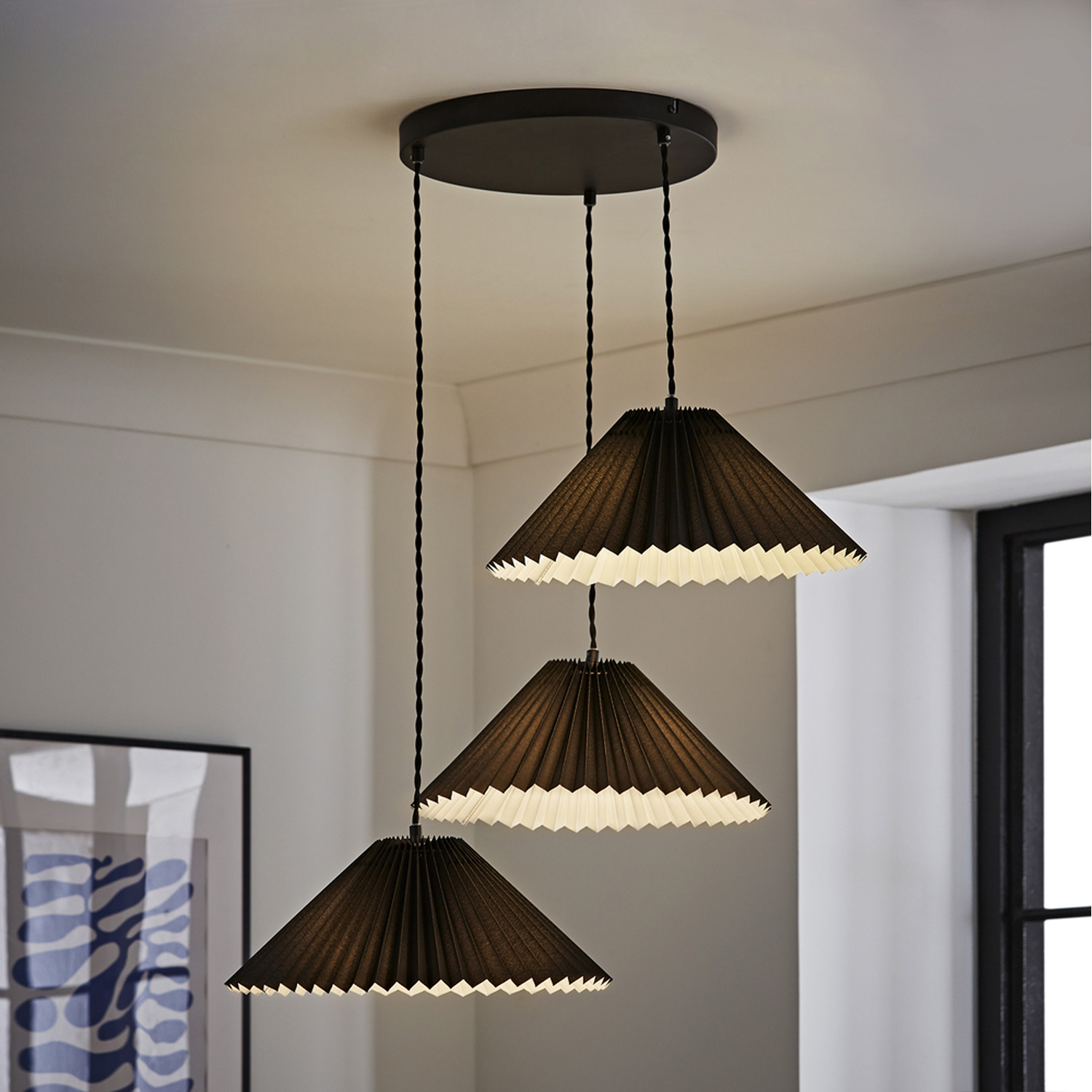 Akira Fabric Pleated Triple Drop Ceiling Pendant Light