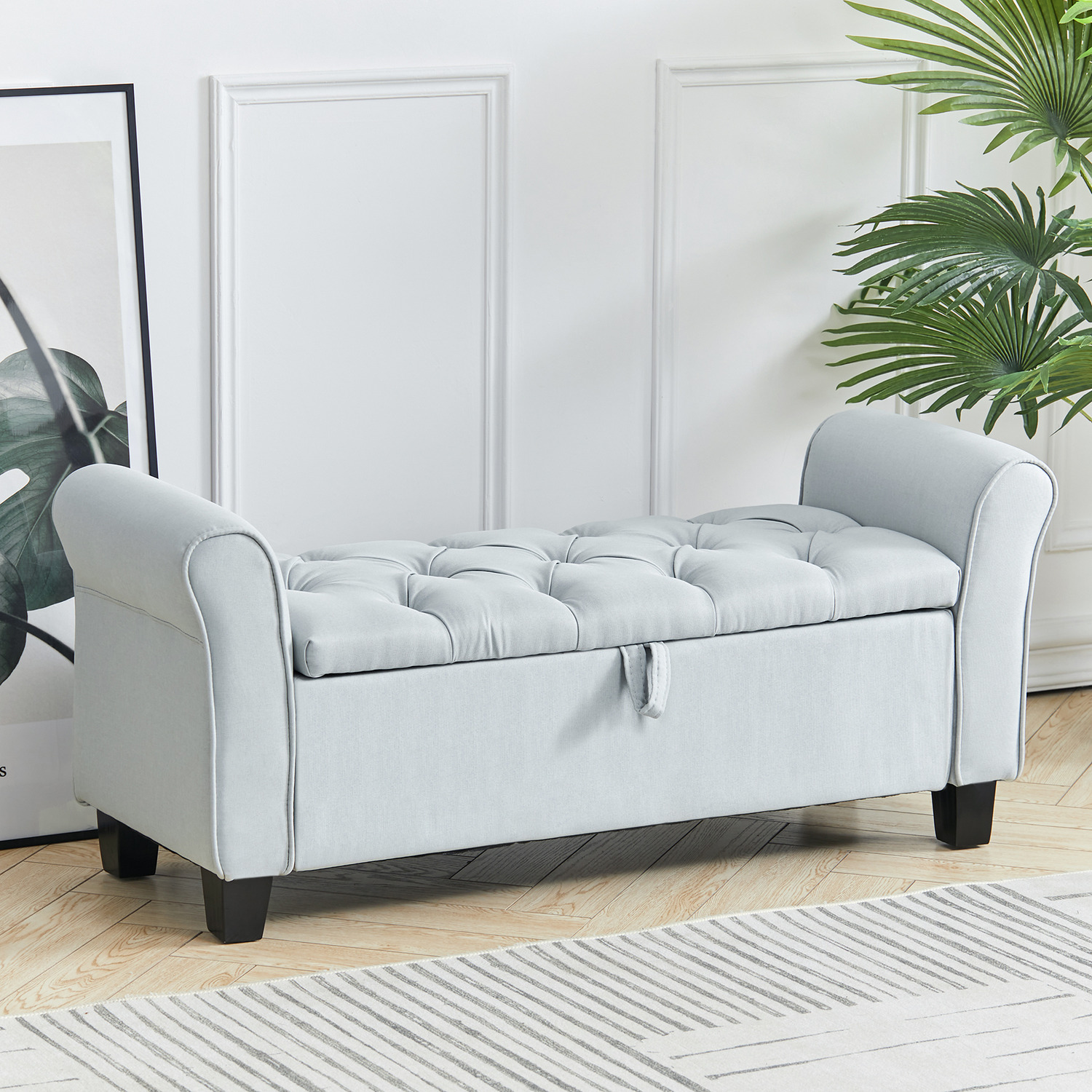 Linen Rolled Arm Storage Ottoman Button Tufted Pouffe Bench Chest