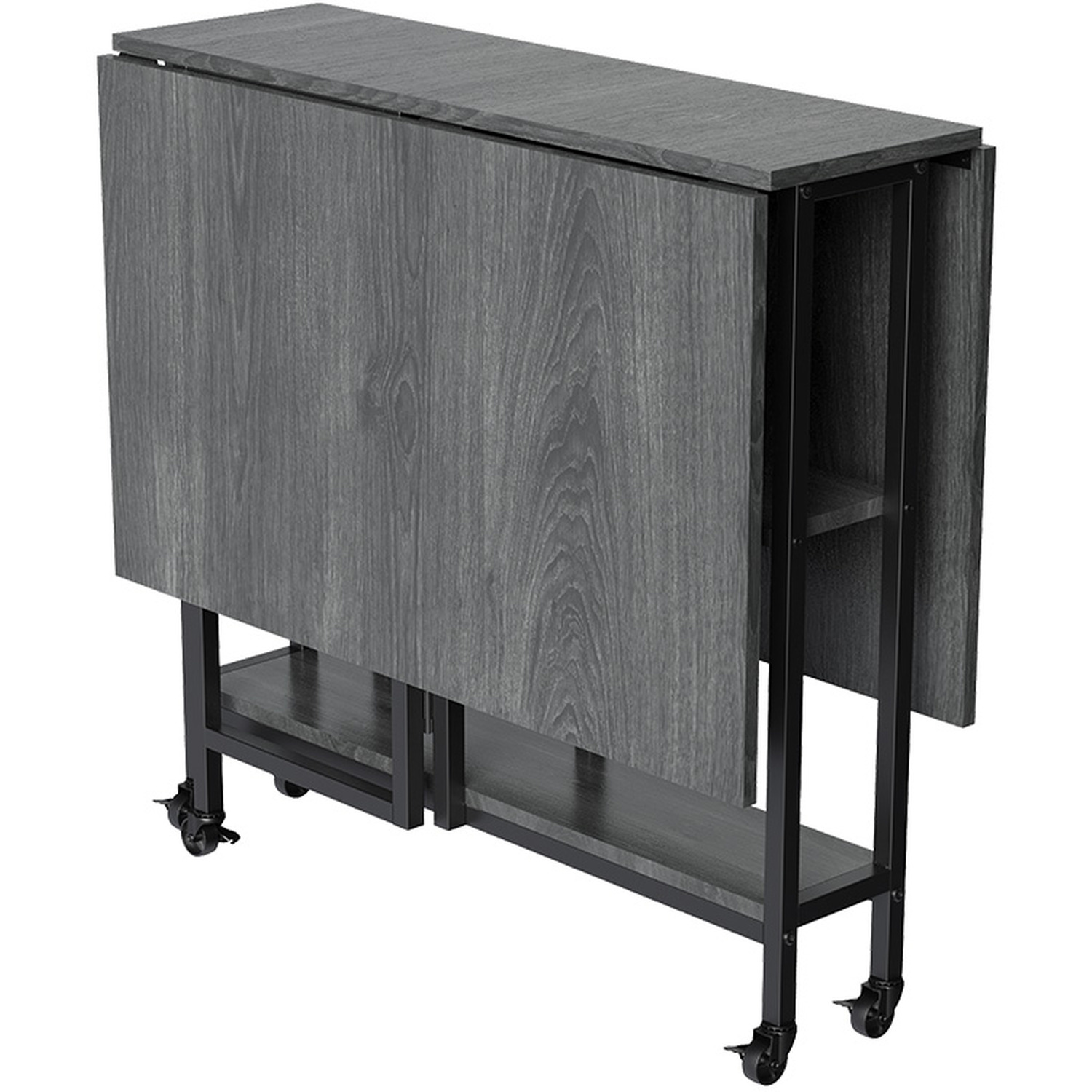 Folding Dining Table with Wheels and Storage Shelves