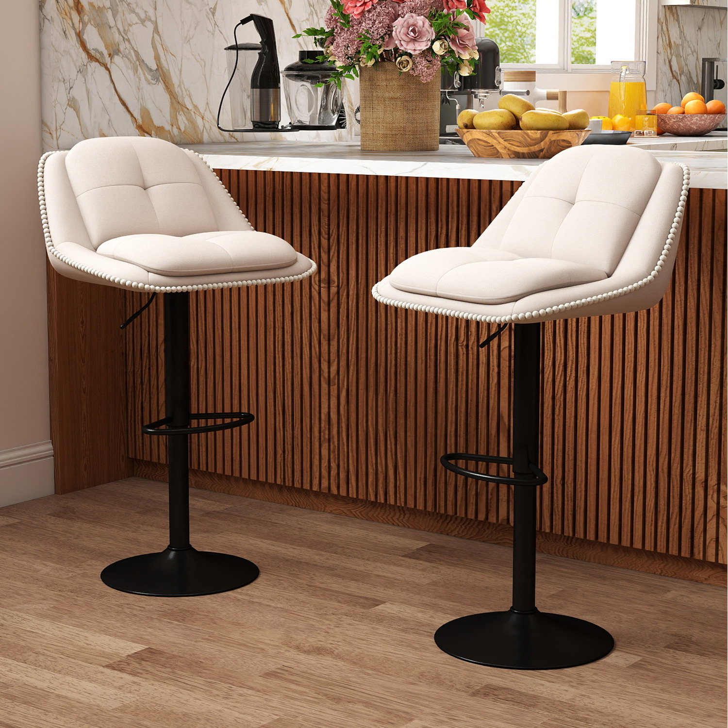 Set of 2 Adjustable Chenille Upholstered Barstools