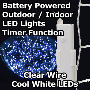 192 Cool White LED (14.3m) Battery Operated Outdoor Timer Lights Clear Wire