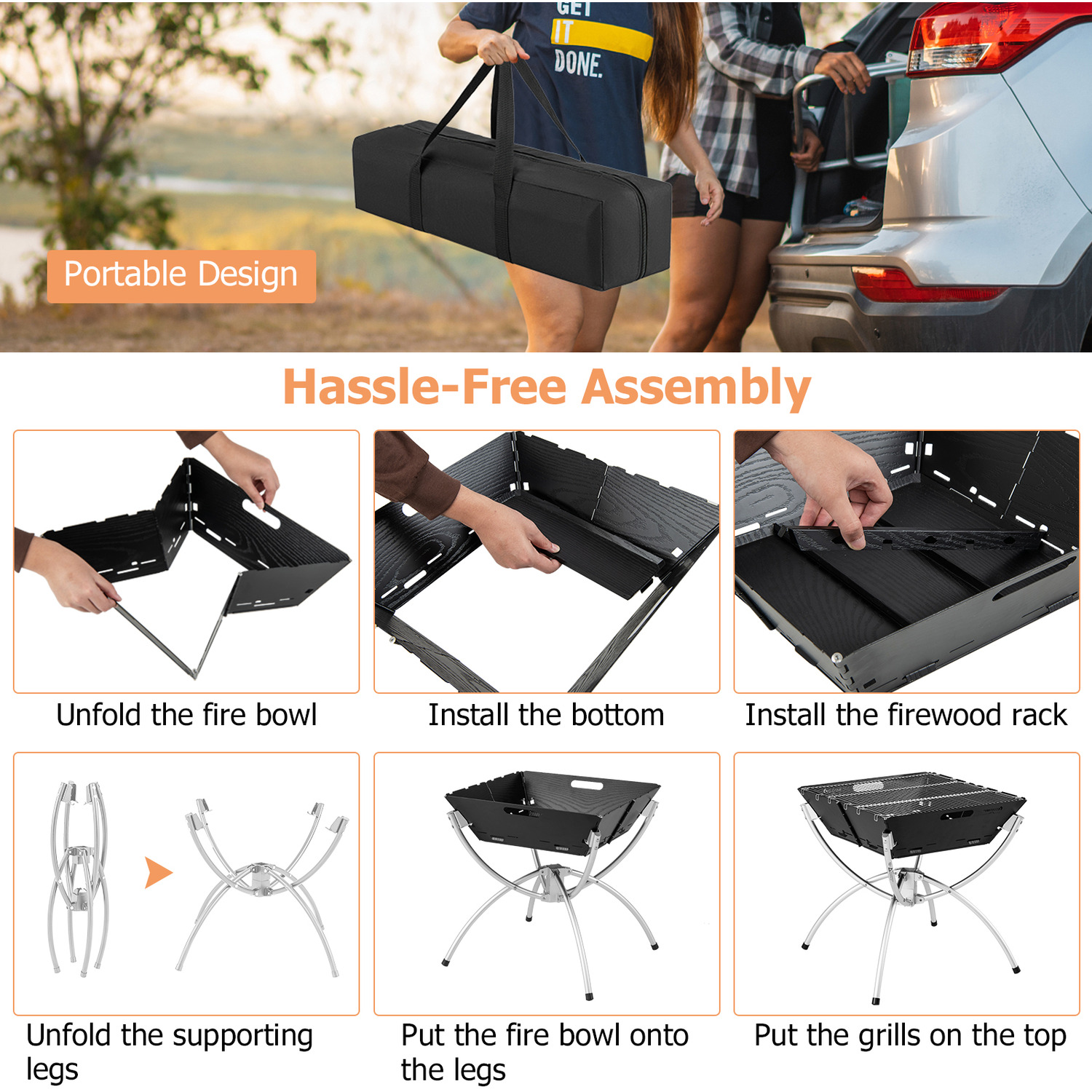 Portable Camping Fire Pit- Black and Silver
