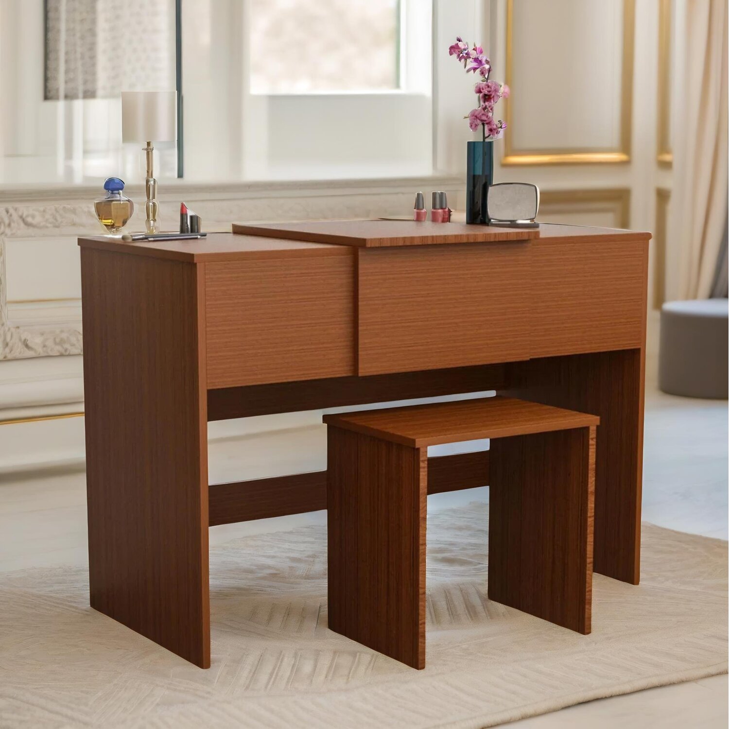 2-in-1 Dressing Table Workstation With Stool Furniture