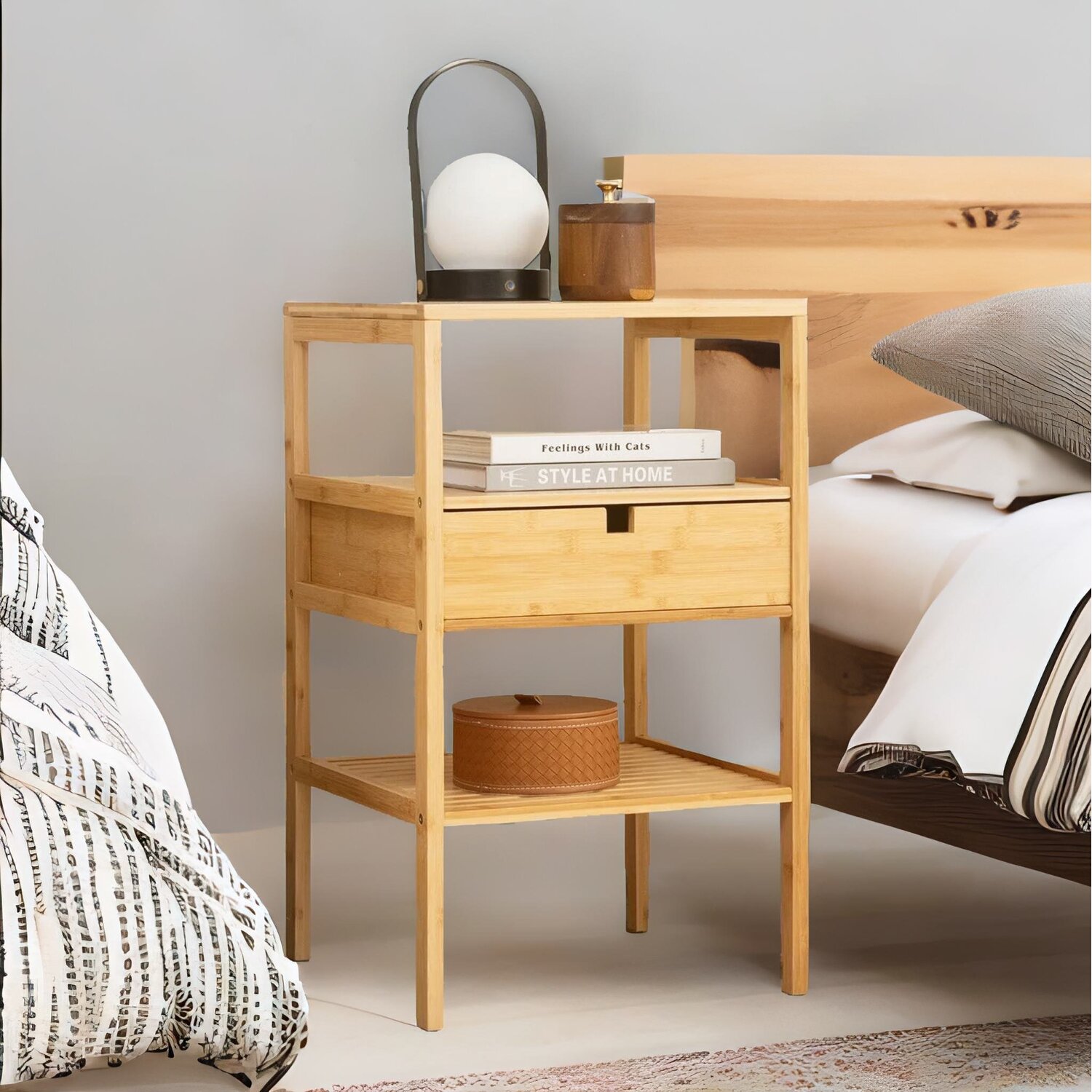 Bamboo Bedside Table With Drawer Shelf Bedroom Furniture
