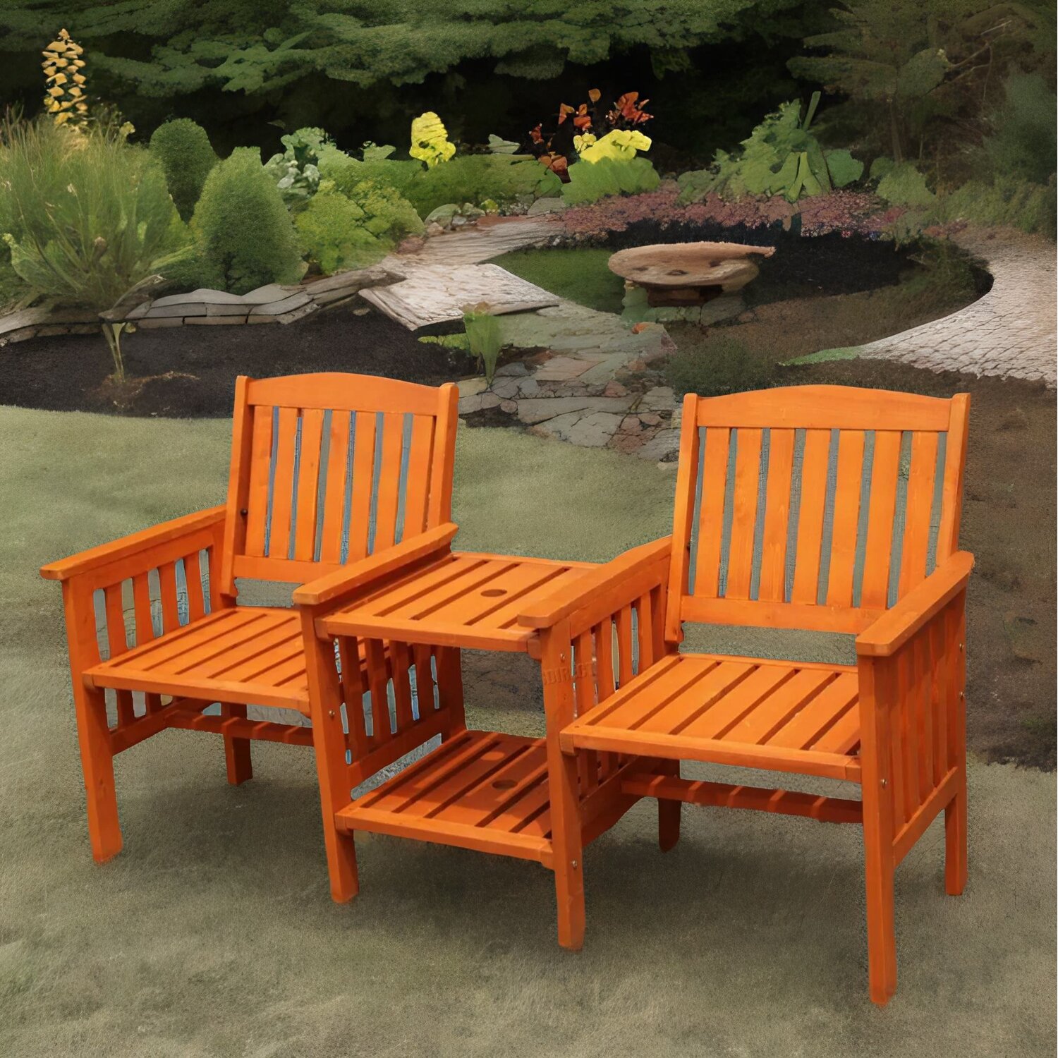 Wooden 2 Seater Outdoor Bench With 2 Tier Table