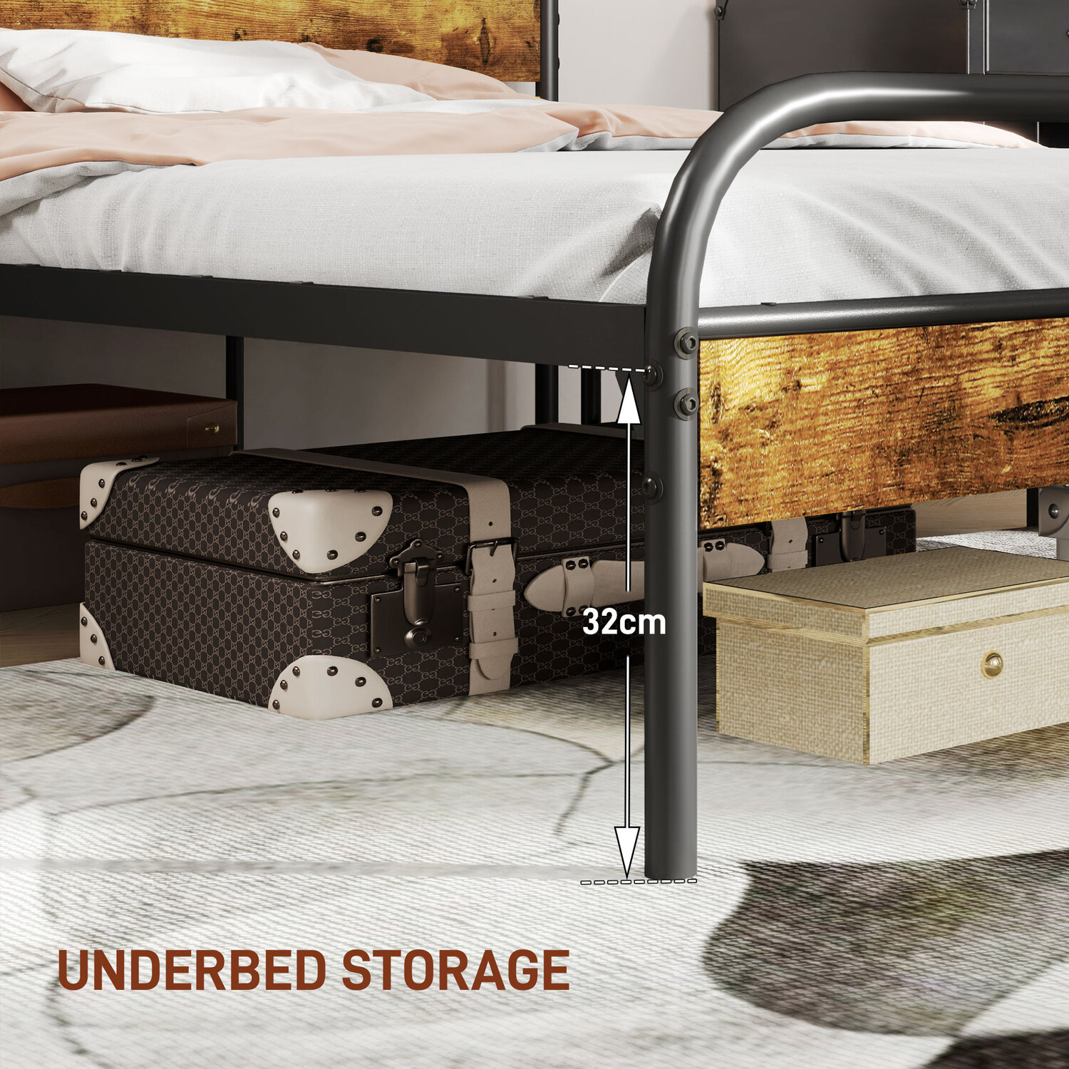 5FT Industrial Metal and Wood Bed Frame with Headboard