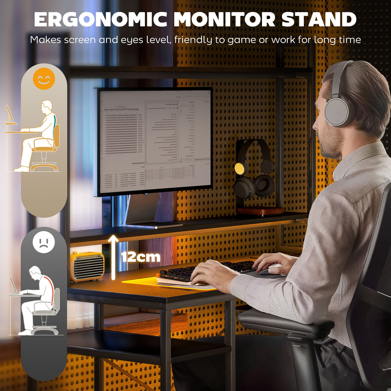 HOMCOM Computer Desk with Power Outlet and LED Lights 920-087V70BK