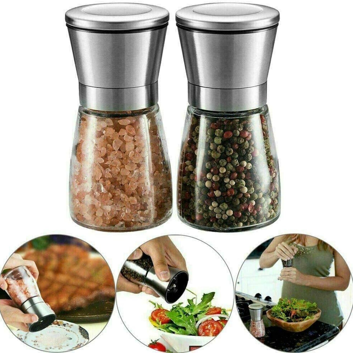 Salt and Pepper Grinder Set Stainless Steel Glass Shaker Blade Grinder