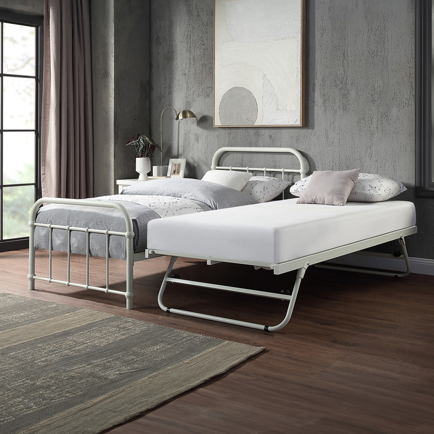 Tewin Vintage Hospital Style Single Metal Bed Frame with Guest Trundle