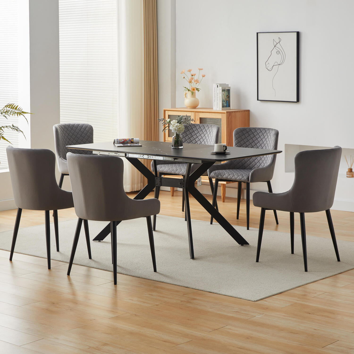 7 Piece Dining Set with Black Marble Effect Table Top