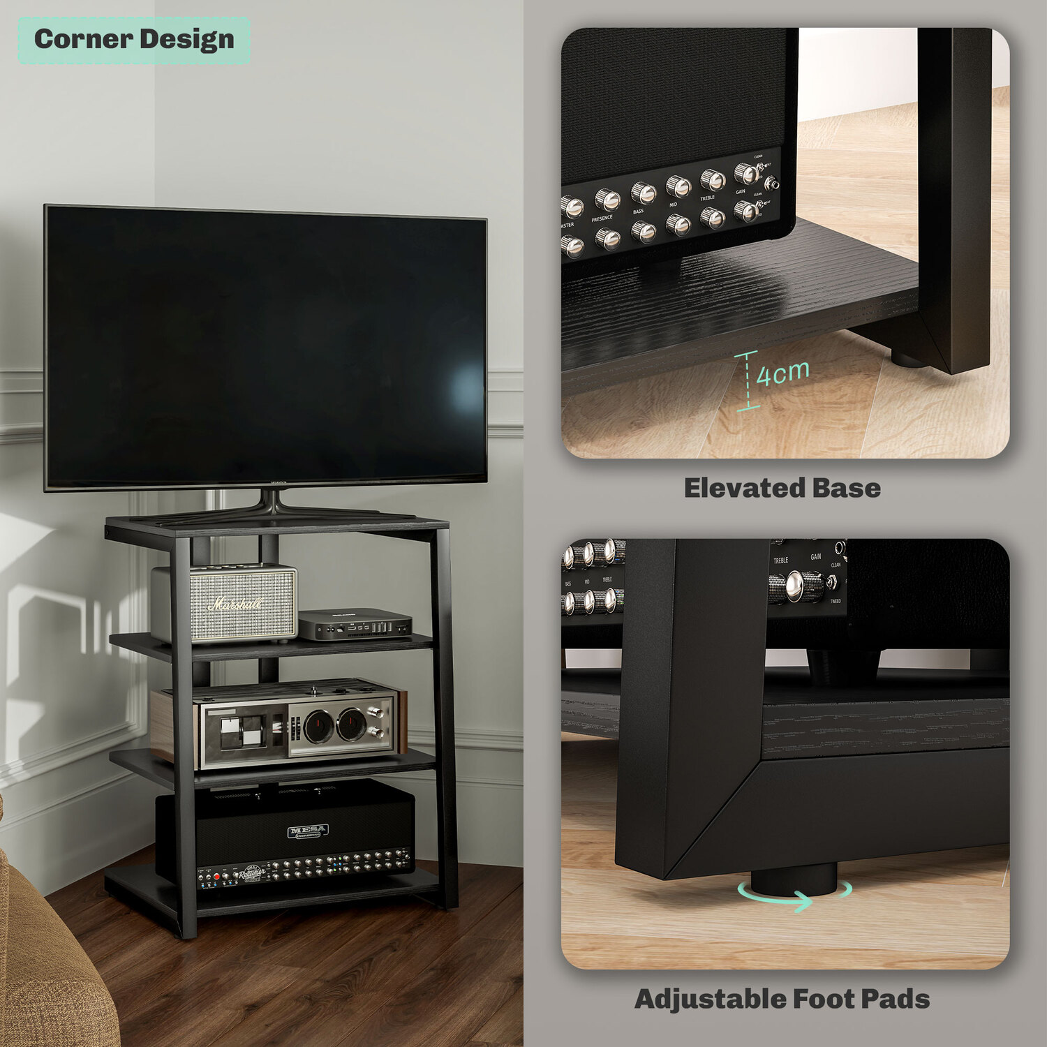 HOMCOM Corner TV Unit with Open Shelves and Extension Lead Holder