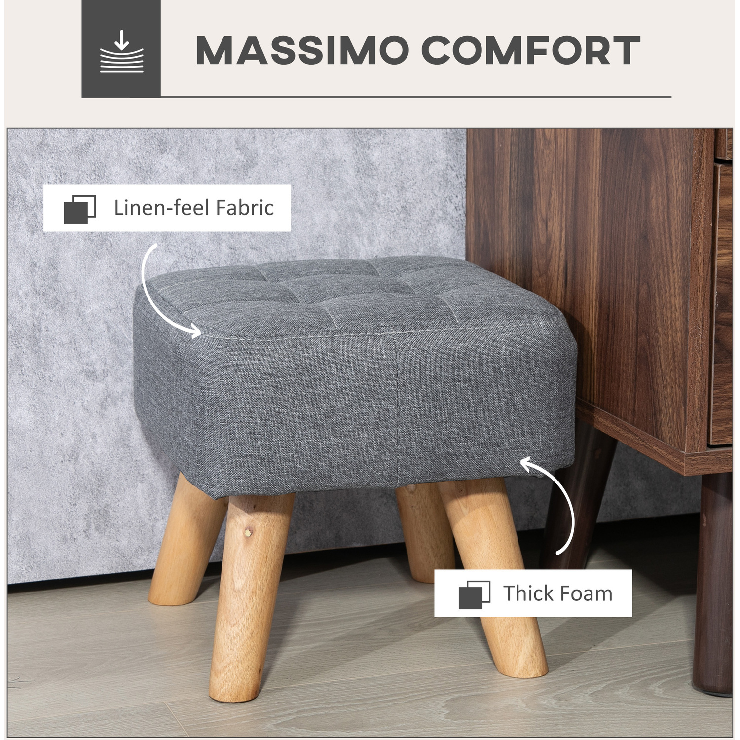 HOMCOM Tufted Fabric Foot Stool with Rubber Wood Legs
