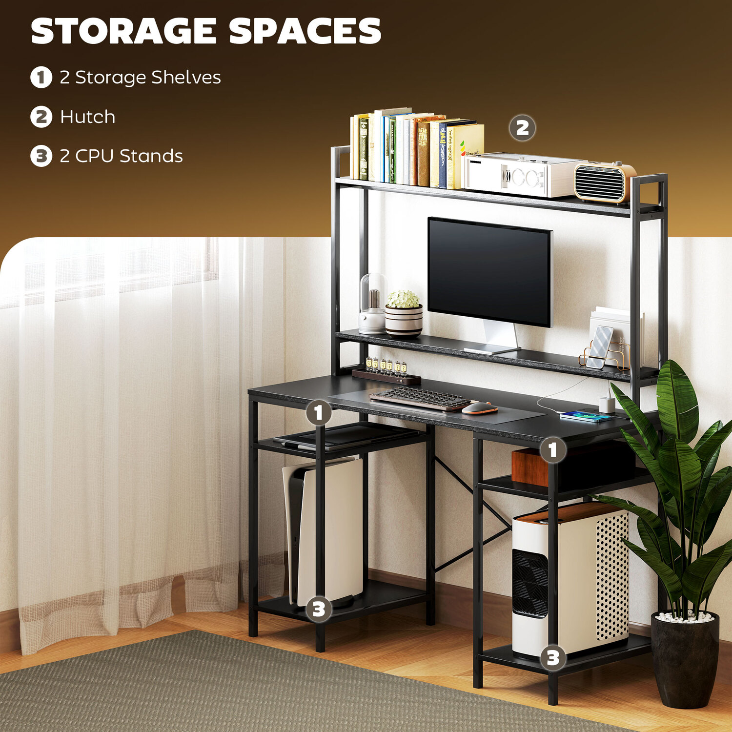 HOMCOM Computer Desk with Power Outlet and LED Lights 920-087V70BK