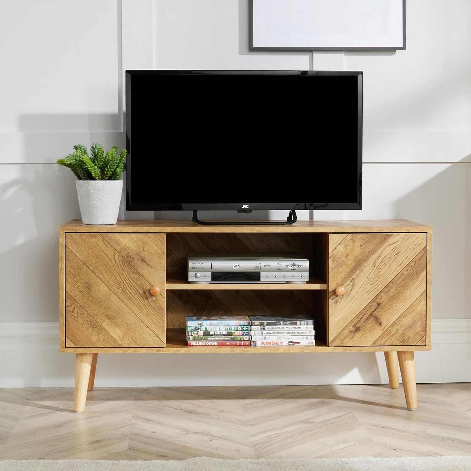 Home Source Dallas 2 Door Herringbone TV Stand Storage Unit