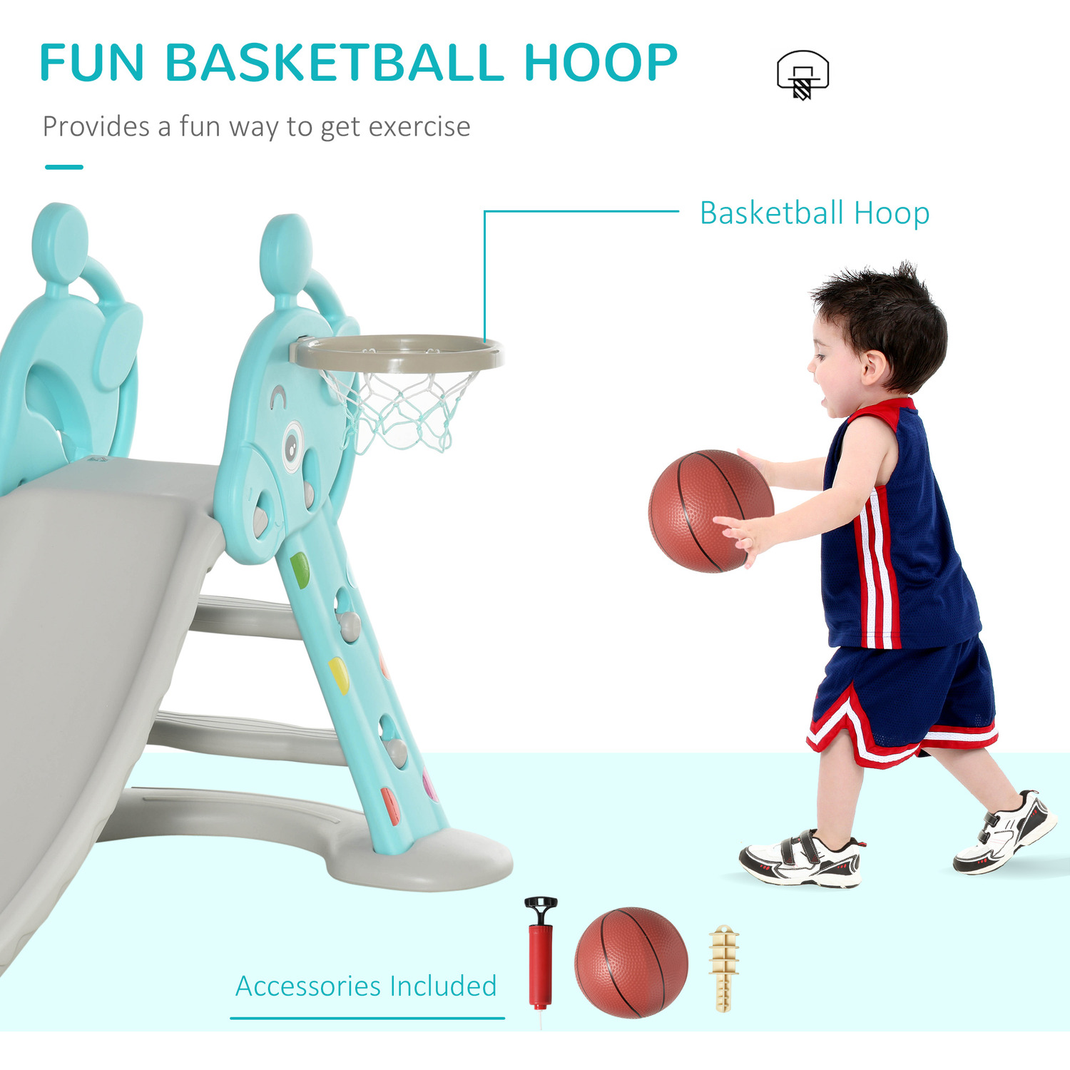 HOMCOM 2 in 1 Kids Freestanding Slide with Basketball Hoop