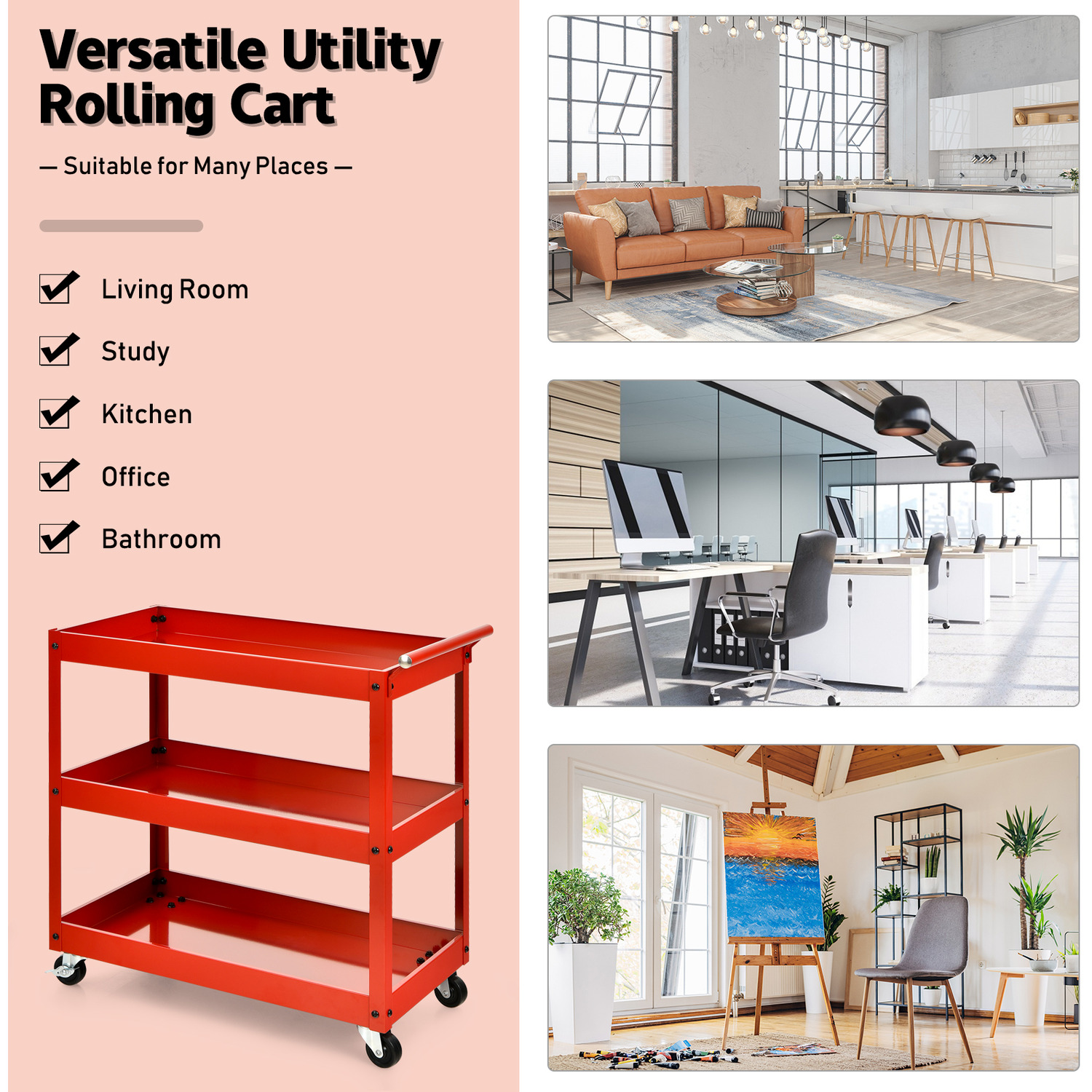 Costway 3-Tier Utility Cart Multifunctional Utility Cart