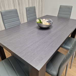Dark Grey Dining Table with 6 Grey Faux Leather Stitched Chairs