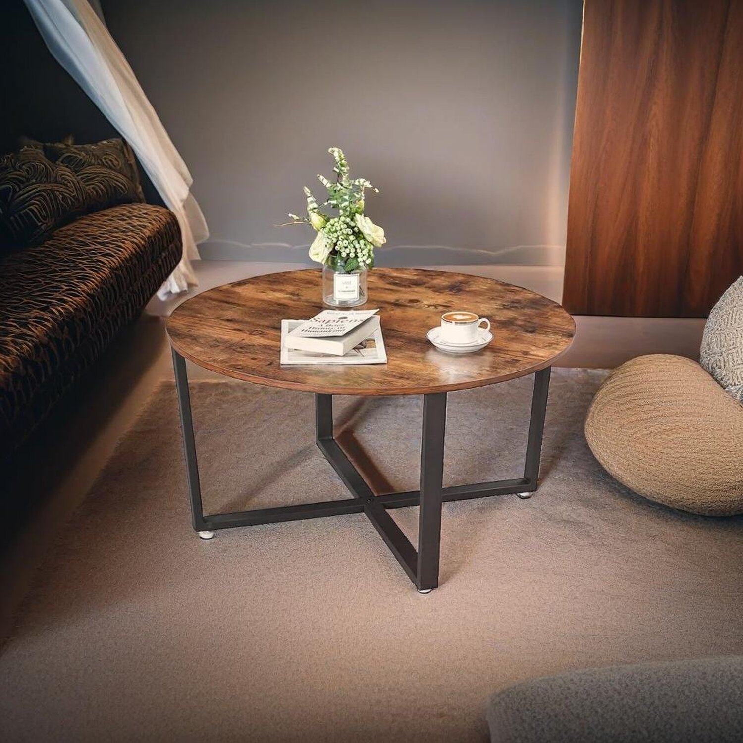 Round Industrial Coffee Table with Durable Metal Frame Easy Assembly Rustic