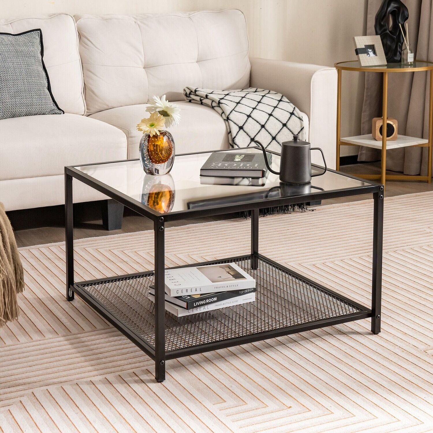 Tempered Glass Sofa Side Table Accent Center Table