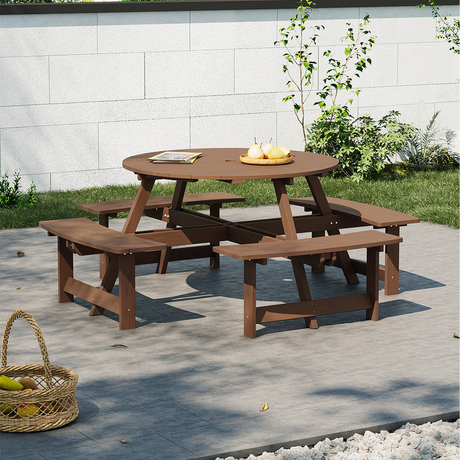Round Garden Table and Bench Set
