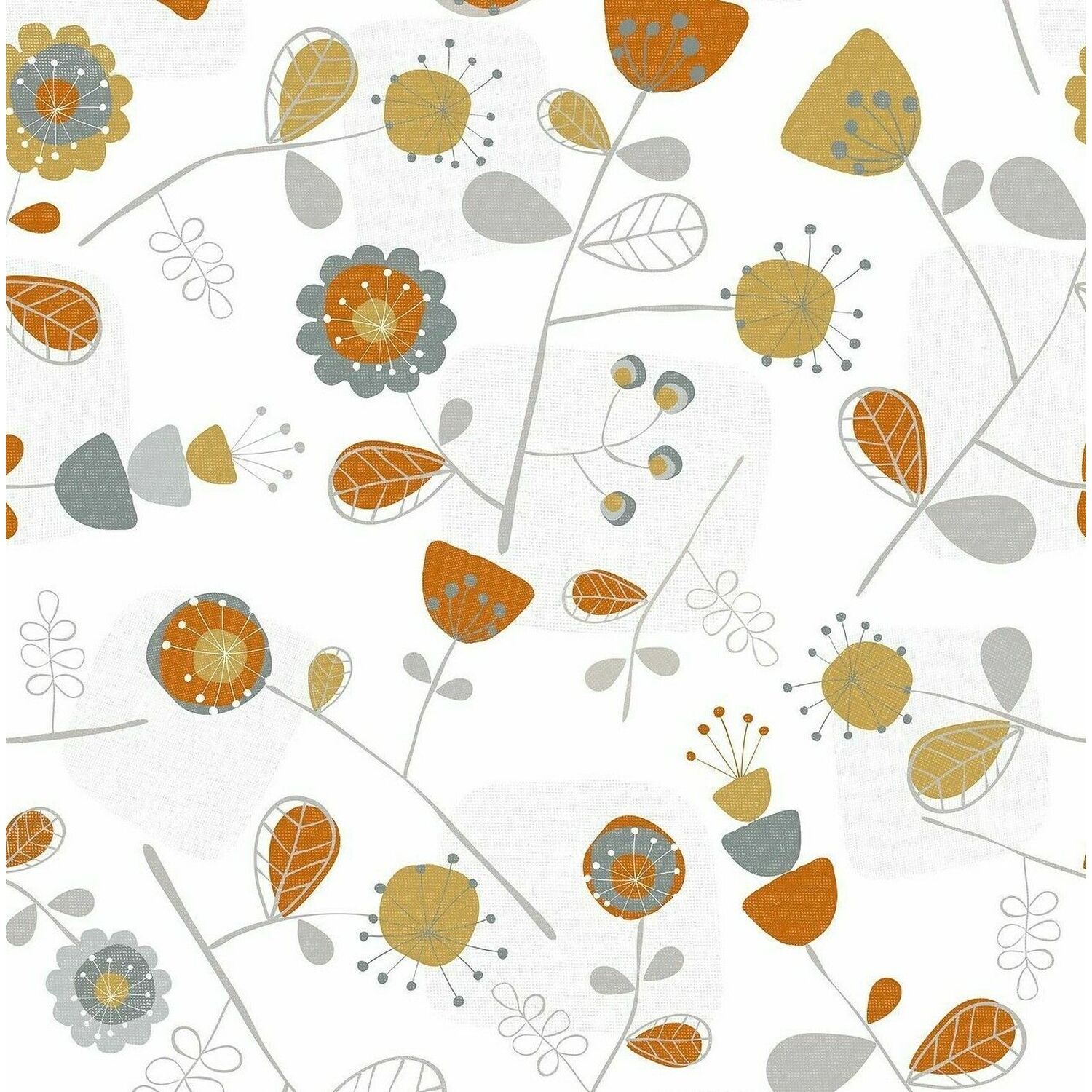 Retro Newstalgia Floral Orange Yellow Grey Flowers Wallpaper