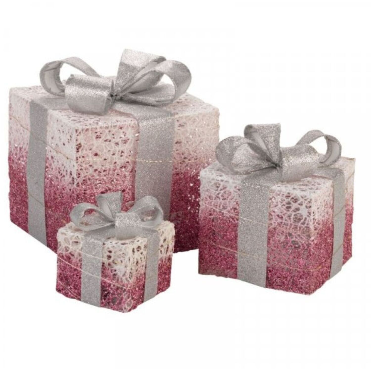 Set of 3 Battery Operated Pink Sparkly Christmas Gift Boxes with LEDs
