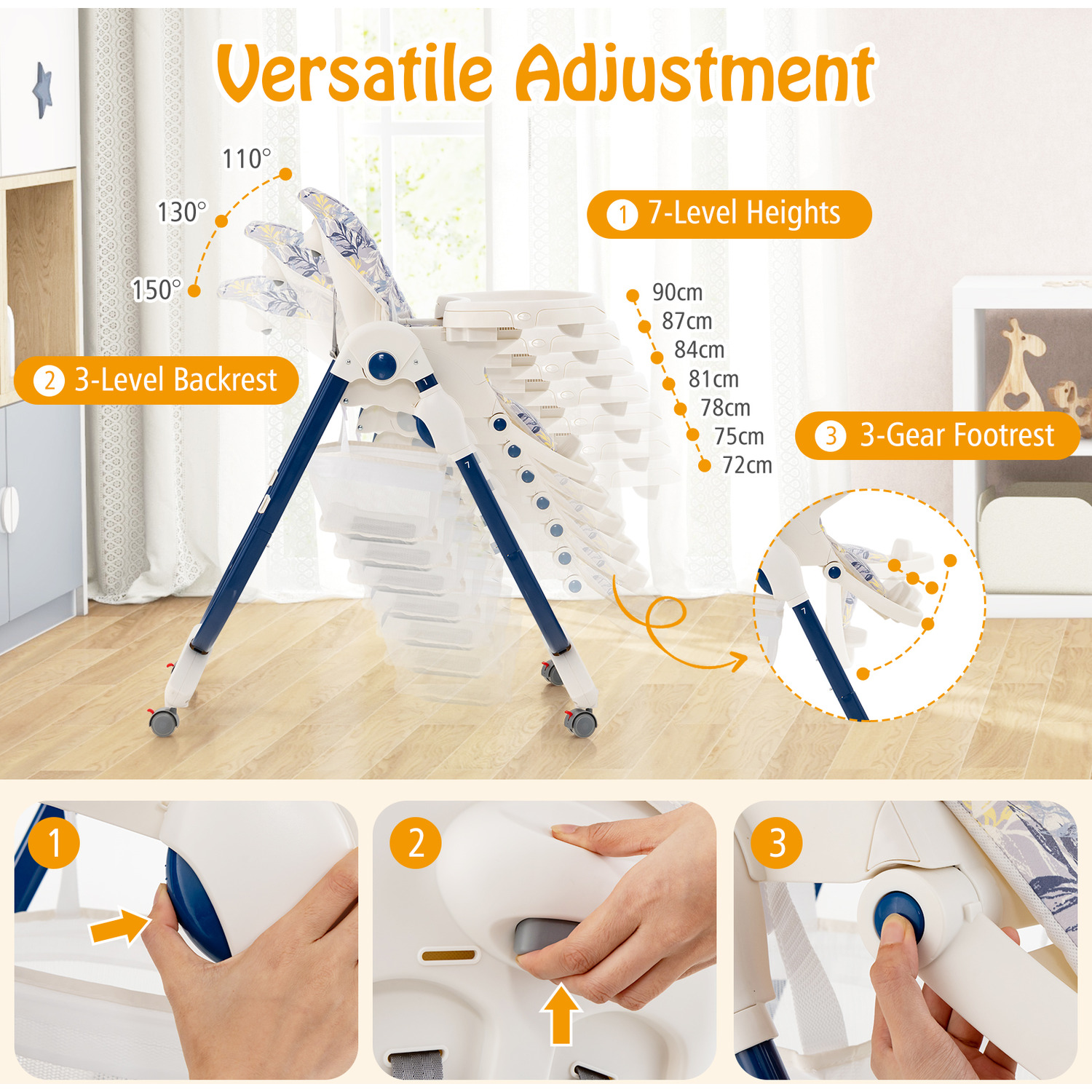 Folding Baby Highchair with Rolling Wheels