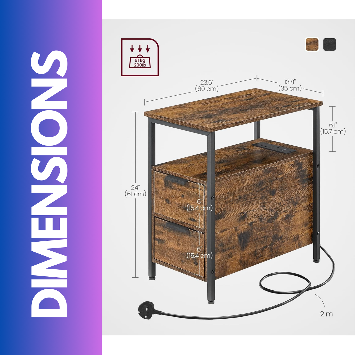 Slim Bedside Table With Power USB Outlets